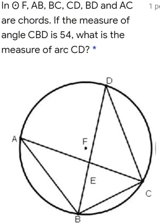 In circle F, AB, BC, CD, BD, and AC are chords. If the measure of angle ...