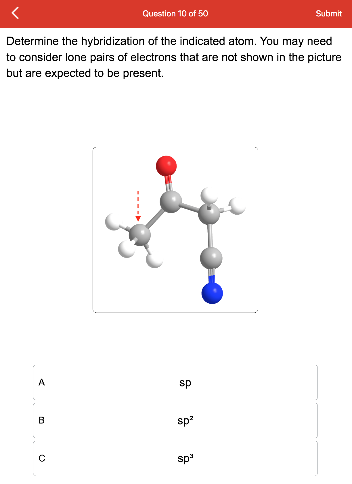 question 10 of 50 submit determine the hybridization of the indicated ...