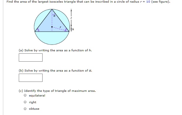 SOLVED: Find the area of the largest isosceles triangle that can inscribe a circle of radius 10 ...