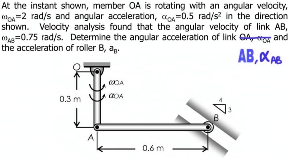 SOLVED: At the instant shown, member OA is rotating with an angular velocity Ï‰ = 2 rad/s and ...