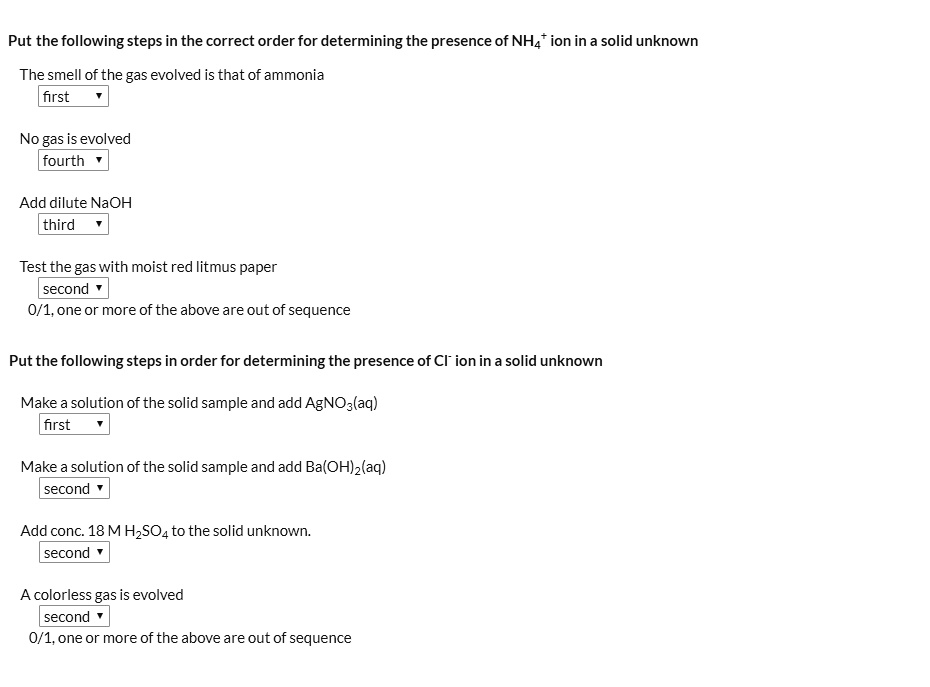 Put the following steps in the correct order for determining the presence of NH4^+ ion in a ...