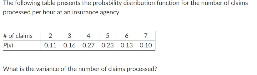 SOLVED: The following table presents the probability distribution ...