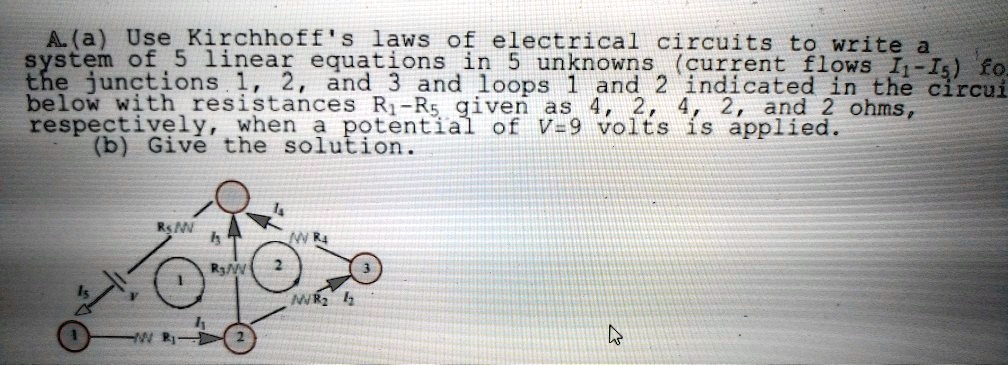 SOLVED: Use Kirchhoff's laws of electrical circuits to write 5 linear equations for the currents ...