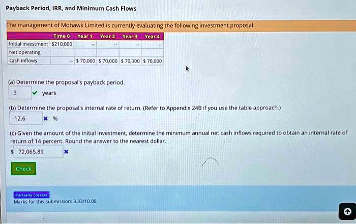 SOLVED: Payback Period, IRR, and Minimum Cash Flows The management of ...