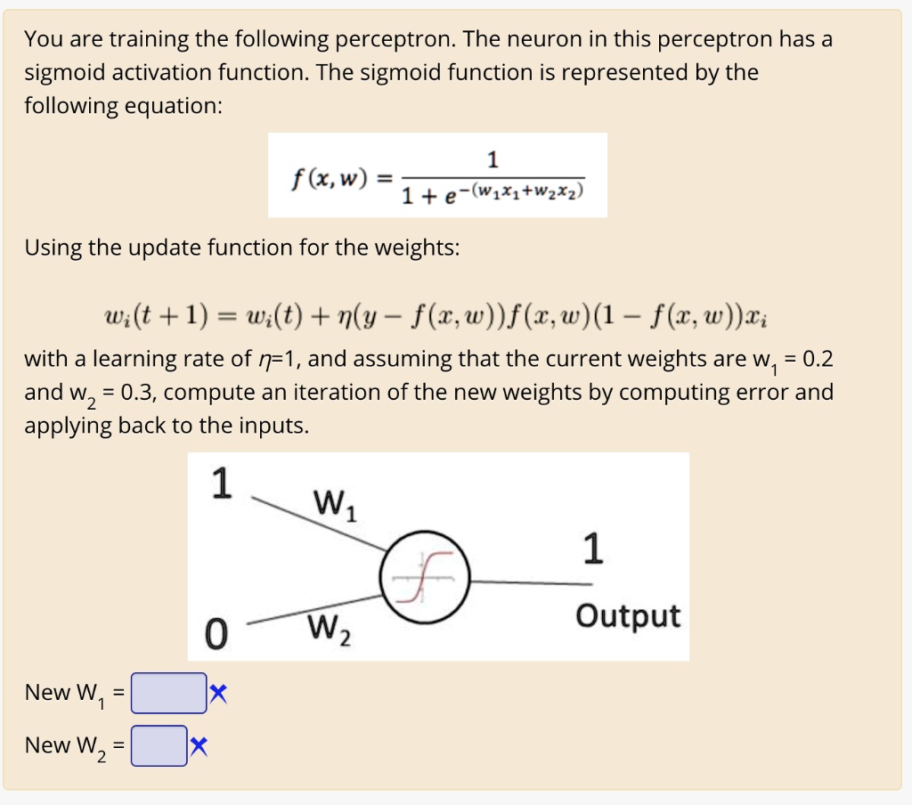 You are training the following perceptron. The neuron in this perceptron has a sigmoid ...