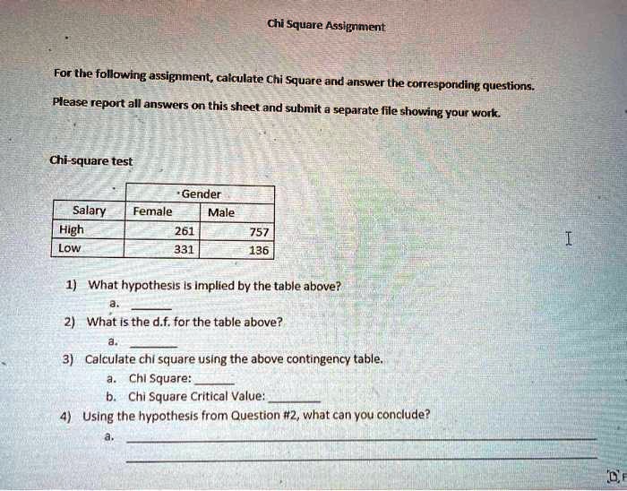 Chi Square Assignment For the following assignment, calculate Chi Square and answer the ...