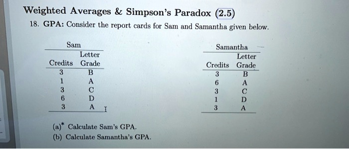 SOLVED: Weighted Averages Simpson's Paradox (2.5) 18. GPA: Consider the ...