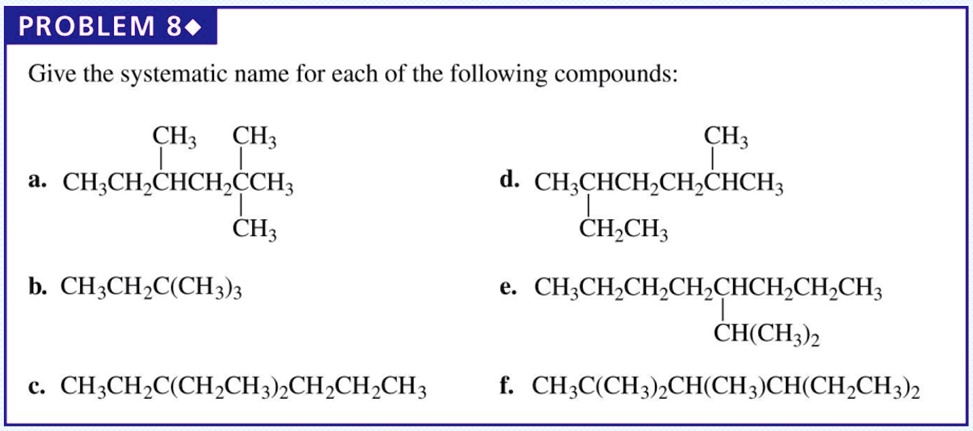 PROBLEM 8: Give the systematic name for each of the following compounds: a. CH3CH2CH2CCH3 b ...