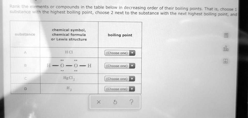 SOLVED: Rank the elements or compounds in the table below in decreasing order of their boiling ...