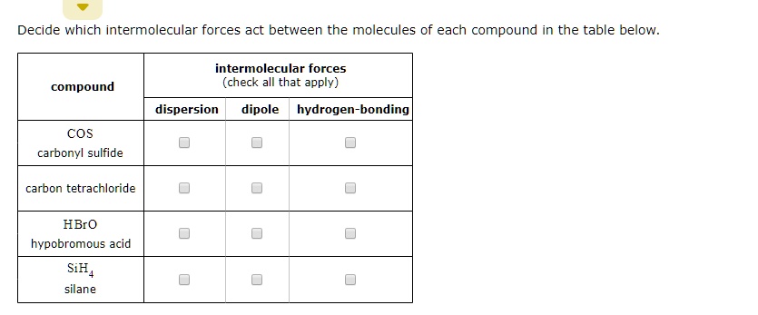 Decide which intermolecular forces act between the molecules of each ...
