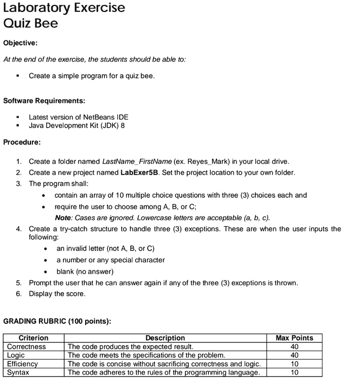 laboratory exercise quiz bee objective at the end of the exercisethe ... laboratory exercise quiz bee objective at the end of the exercisethe ...