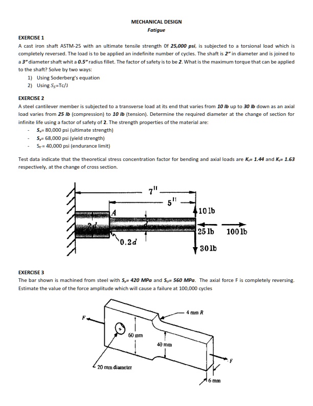 EXERCISE 1 MECHANICAL DESIGN Fatigue A cast iron shaft ASTM-25 with an ...