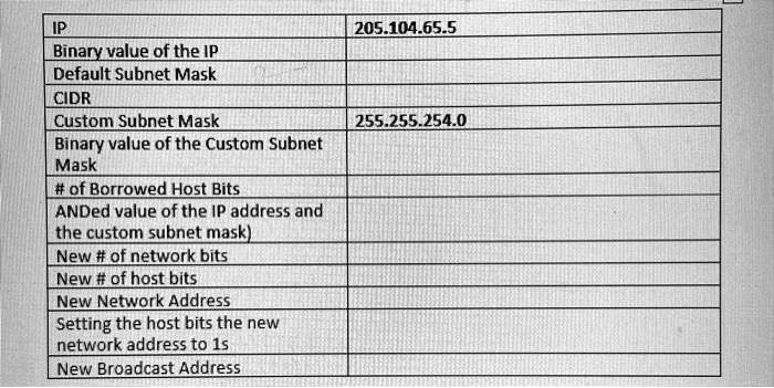 IP 205.104.65.5 Binary value of the IP Default Subnet Mask CIDR Custom Subnet Mask 255.255.254.0 ...