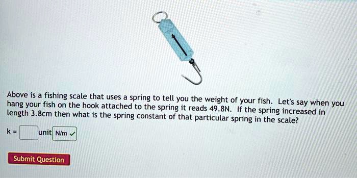SOLVED:Above is a fishing scale that uses hang spring to tell you the ...