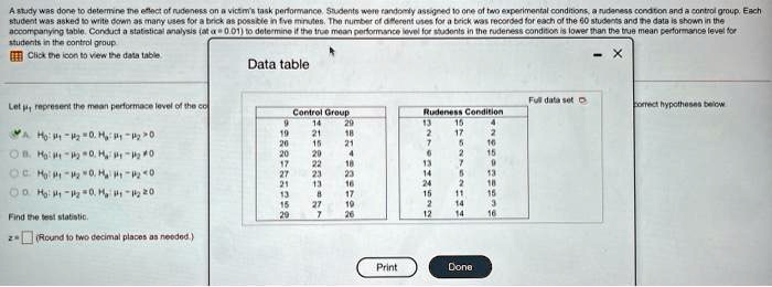 A study was done to determine the effect of rudeness on a victim's task ...