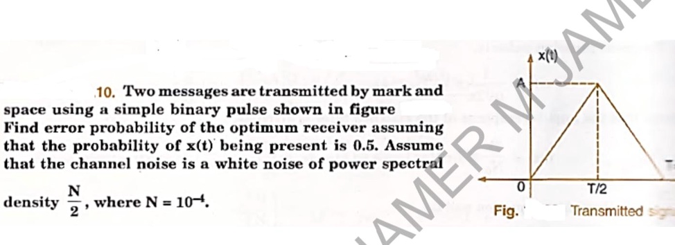 10. Two messages are transmitted by mark and space using a simple binary pulse shown in figure ...
