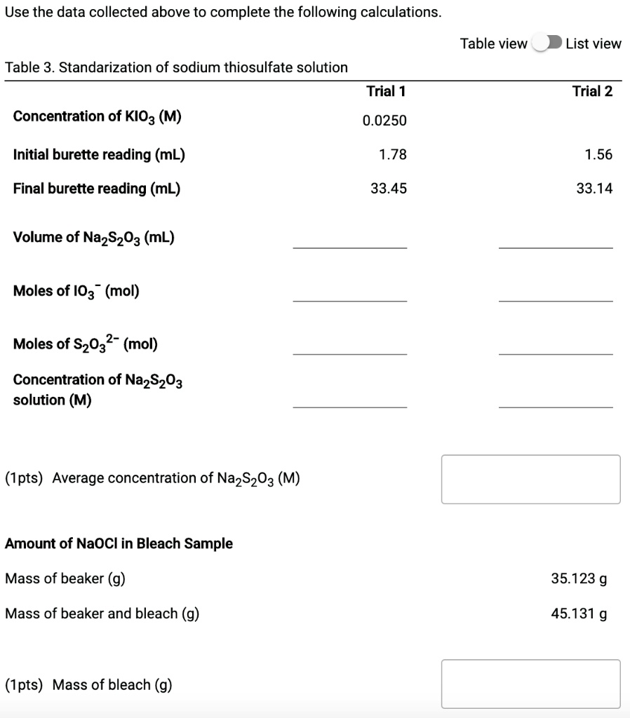 SOLVED: Use the data collected above to complete the following calculations: Table view: Table 3 ...