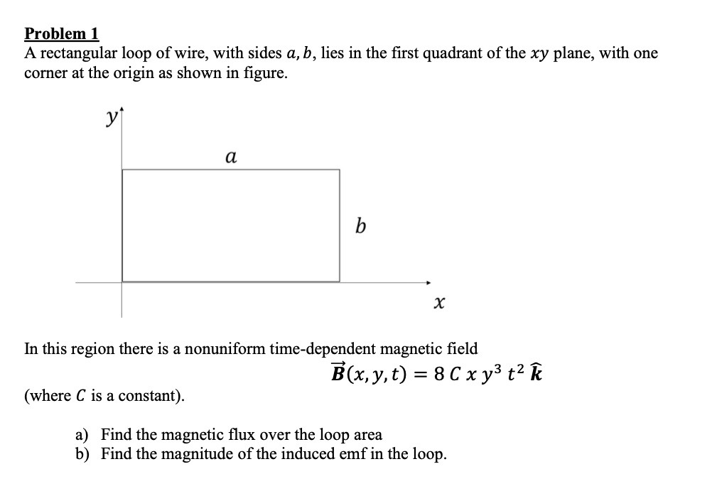 SOLVED: Problem 1: A rectangular loop of wire, with sides a and b, lies in the first quadrant of ...
