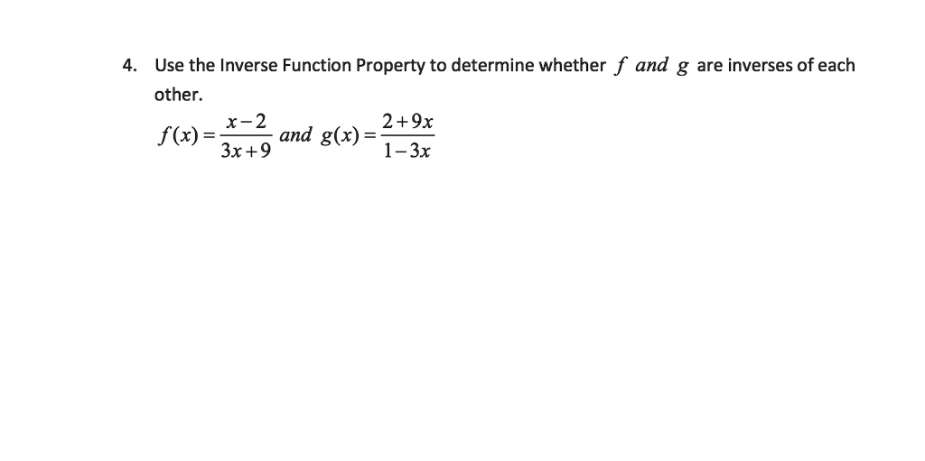 SOLVED: Use the Inverse Function Property to determine whether f and g are inverses of each ...