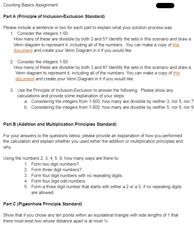 SOLVED: Counting Basics Assignment Part A (Principle of Inclusion-Exclusion Standard) Please ...