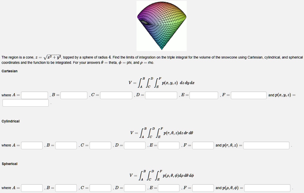 SOLVED: The region is cone, t2 | y? , topped by sphere of radius 4 Find the limits of ...