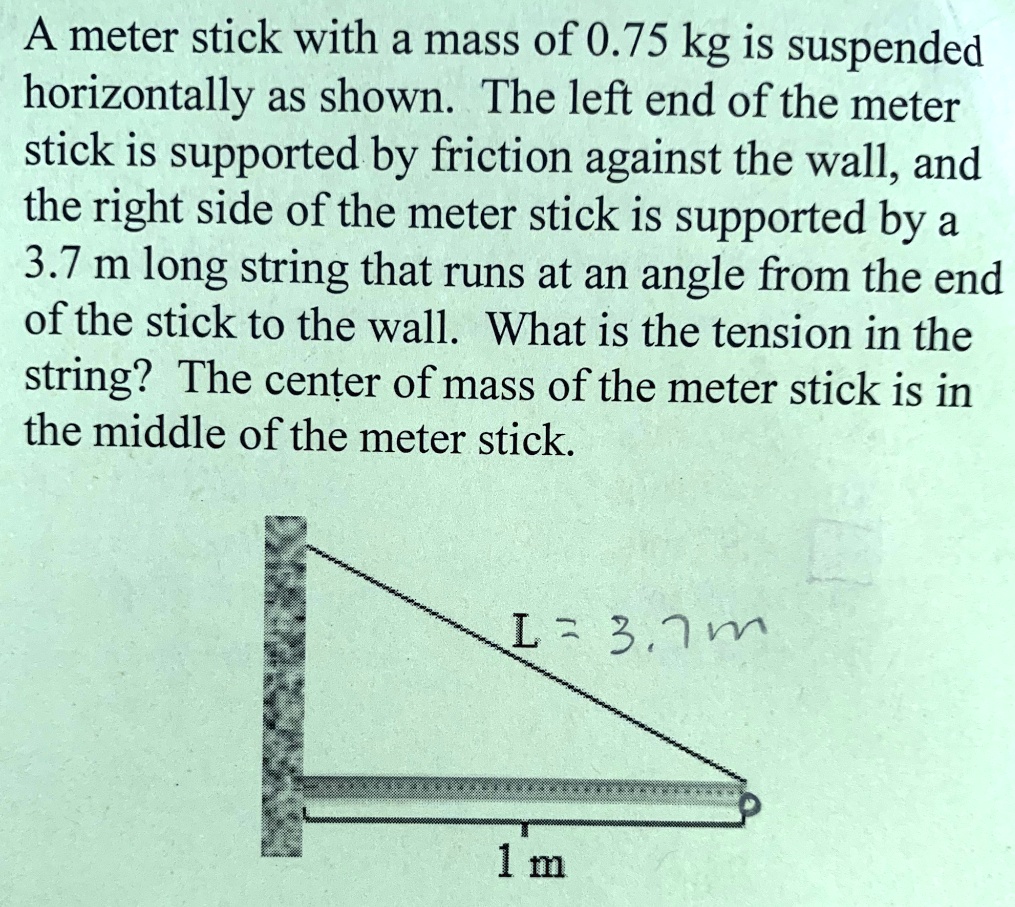 SOLVED: A meter stick with a mass of 0.75 kg is suspended horizontally as shown: The left end of ...