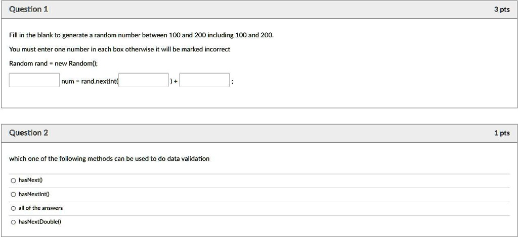 SOLVED: Fill in the blank to generate a random number between 100 and 200, including 100 and 200 ...
