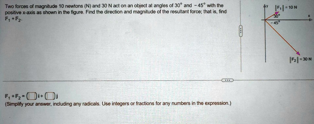 Two forces of magnitude 10 newtons (N) and 30 N act on an object at ...