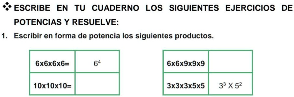 SOLVED: Escribir en forma de pontencia los siguientes productos Ayuda ... SOLVED: Escribir en forma de pontencia los siguientes productos Ayuda ...
