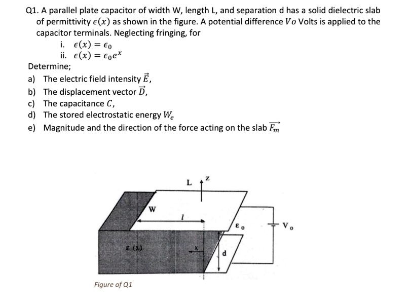 A parallel plate capacitor of width W, length L, and separation d has a ...
