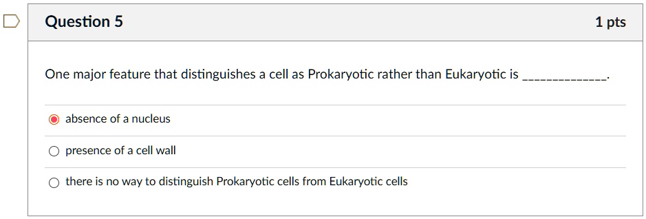 SOLVED: Question 5 1 pts One major feature that distinguishes a cell as ... SOLVED: Question 5 1 pts One major feature that distinguishes a cell as ...