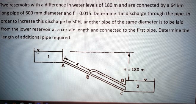 SOLVED: Two reservoirs with a difference in water levels of 180 m are connected by a 64 km long ...