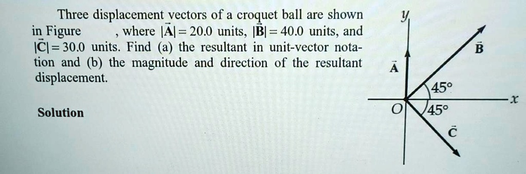 SOLVED: Three displacement vectors of a croquet ball are shown in Figure where|A|=20.0units,|B ...
