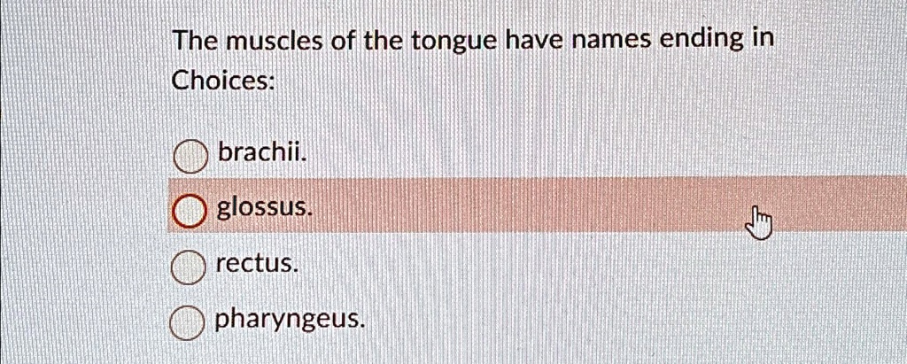 The muscles of the tongue have names ending in Choices: brachii ...