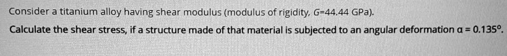 SOLVED: Consider a titanium alloy having shear modulus (modulus of ...