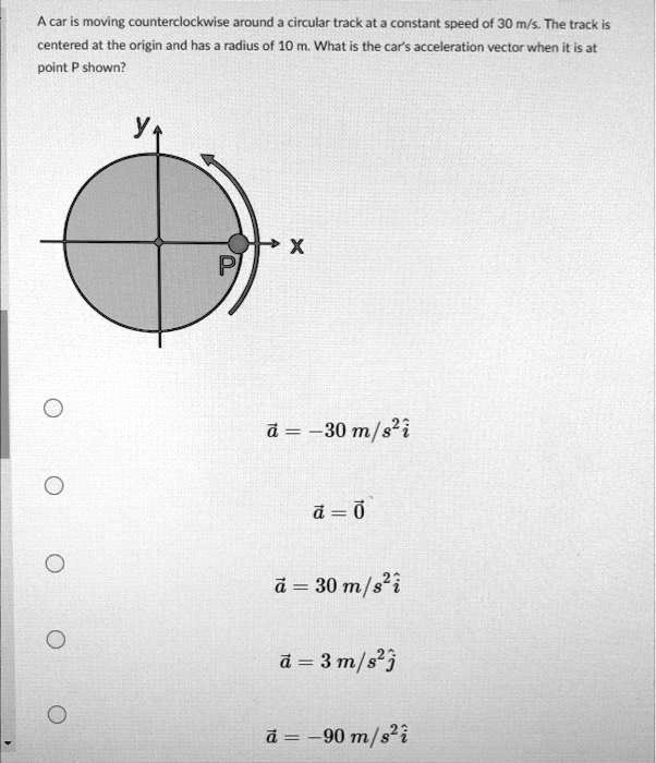 a car is moving counterclockwise around a circular track at a constant speed of 30 msthe track ...