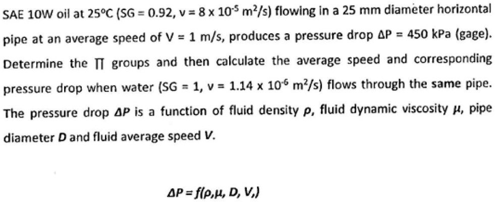 SOLVED: SAE 10W oil at 25Â°C, SG=0.92, v=8x10^-5 m/s, flowing in a 25 mm diameter horizontal ...