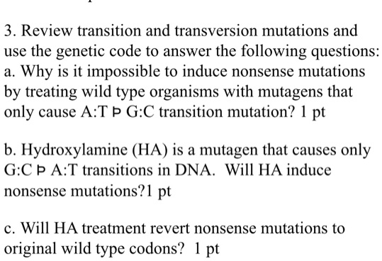 SOLVED: 3. Review transition and transversion mutations and use the ...