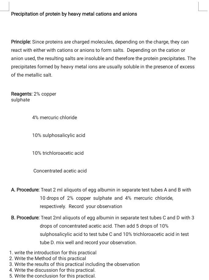 Precipitation of protein by heavy metal cations and anions Principle ...