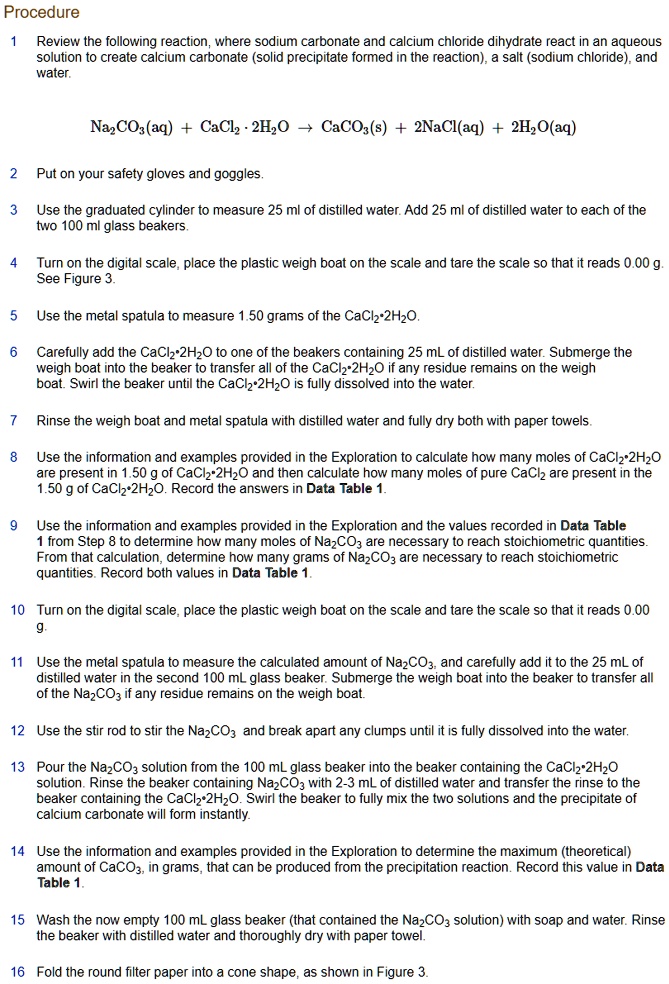 procedure review the following reaction where sodium carbonate and calcium chloride dihydrate ...
