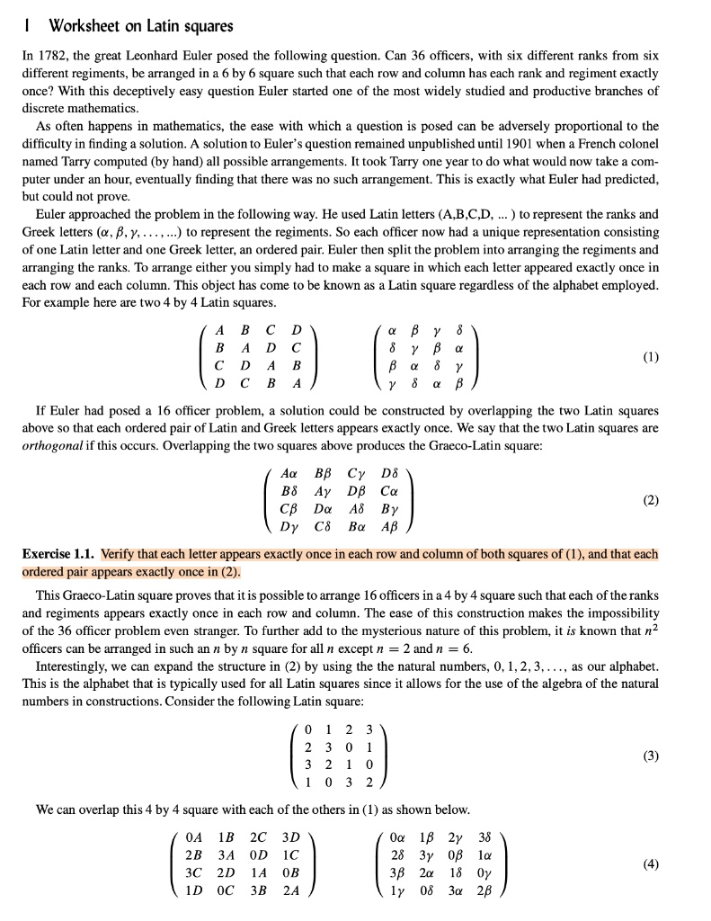 SOLVED:Worksheet on Latin squares In 1782, the great Leonhard Euler ...