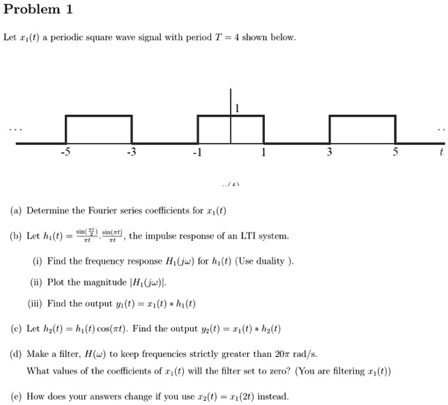 SOLVED: Let x(t) be a periodic square wave signal with period T = 4, as shown below: -5 -3 -1 1 ...
