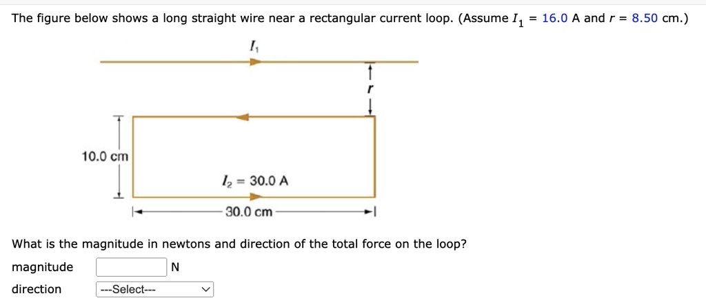 SOLVED: The figure below shows a long straight wire near a rectangular current loop. (Assume I1 ...