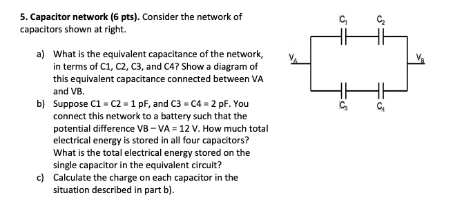 SOLVED: Capacitor network (6 pts). Consider the network of capacitors shown at right: What is ...