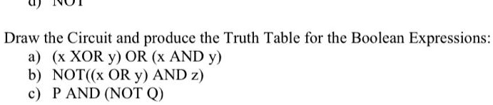 SOLVED: Draw the Circuit and produce the Truth Table for the Boolean Expressions: a) (x XOR y ...