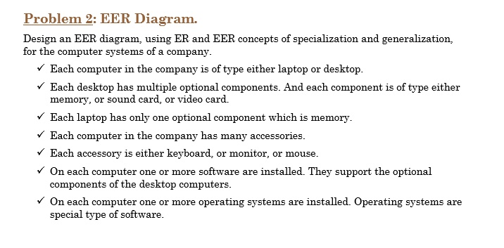 SOLVED: Problem 2: EER Diagram Design an EER diagram, using ER and EER ...