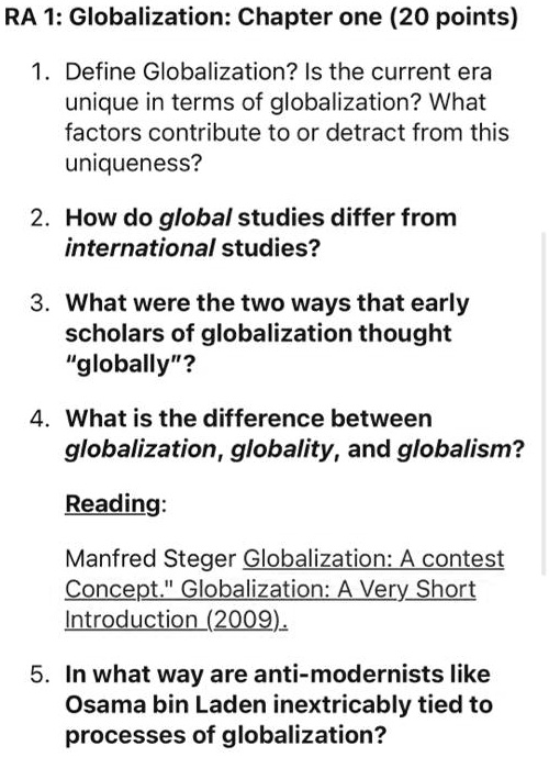 SOLVED: RA 1: Globalization: Chapter One (20 points) Define Globalization. Is the current era ...