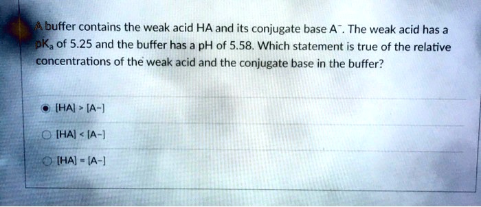SOLVED: buffer contains the weak acid HA and its conjugate base A The weak acid has a @Ka of 5. ...