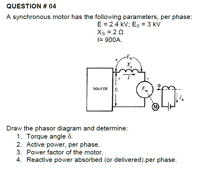 SOLVED: A synchronous motor has the following parameters, per phase: E = 2.4 kV; Eo = 3 kV; Xs ...