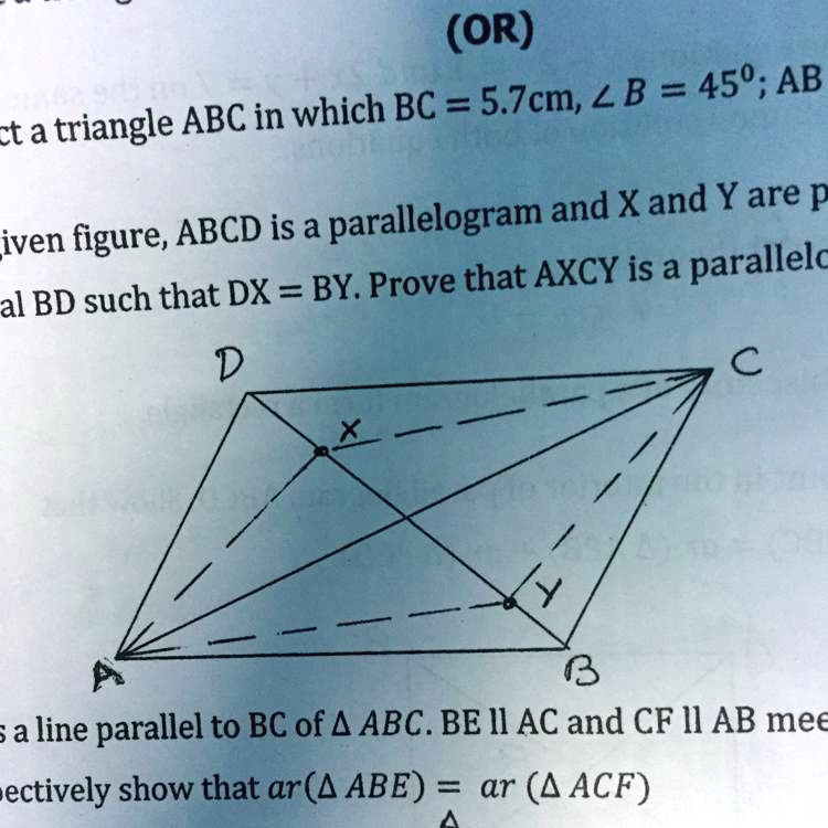 in the given figure abcd is a parallelogram and x and y are points on the diagonal bd such that ...